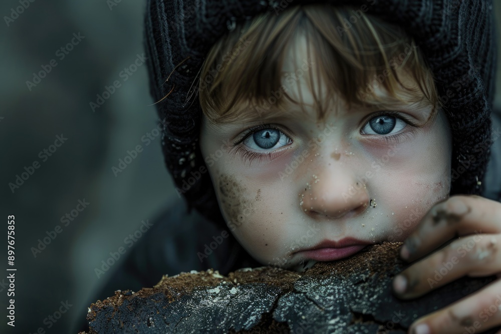 Kid Begging. Poverty Concept: Beggar Child Holding Pieces of Bread, War ...