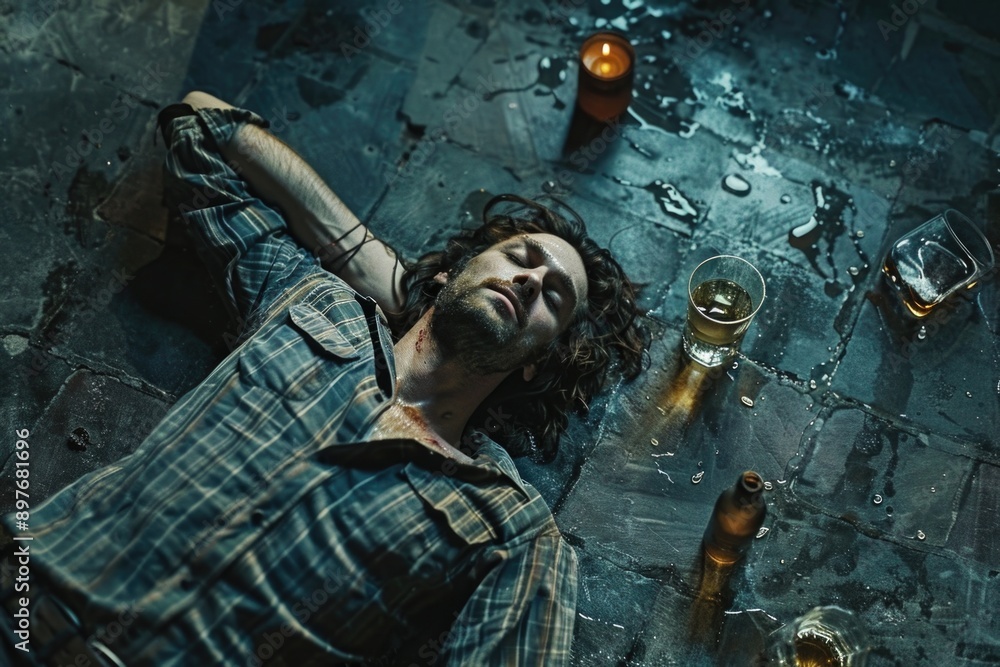 Man lying on the floor of a pub with beer bottles and glasses around ...