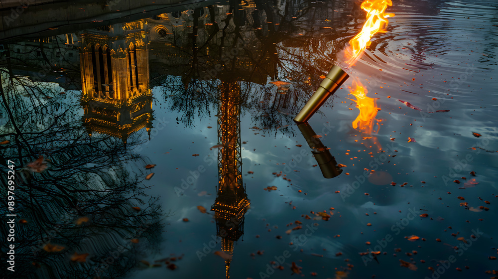 Poster, Foto Olympic Torch with Notre-Dame Reflection: The Olympic ...