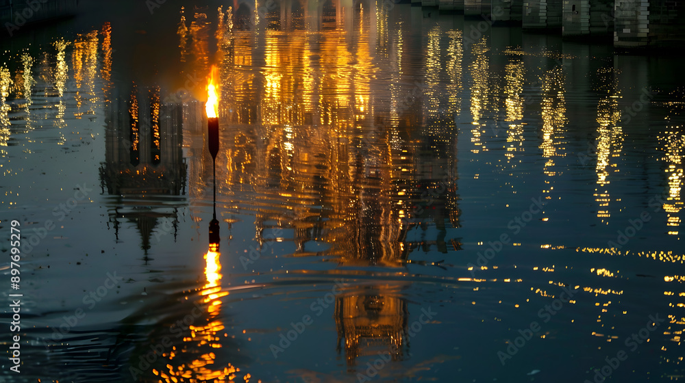 Olympic Torch with Notre-Dame Reflection: The Olympic torch held aloft ...