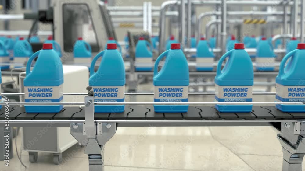 Automated mass production of washing powder in blue canisters at the ...