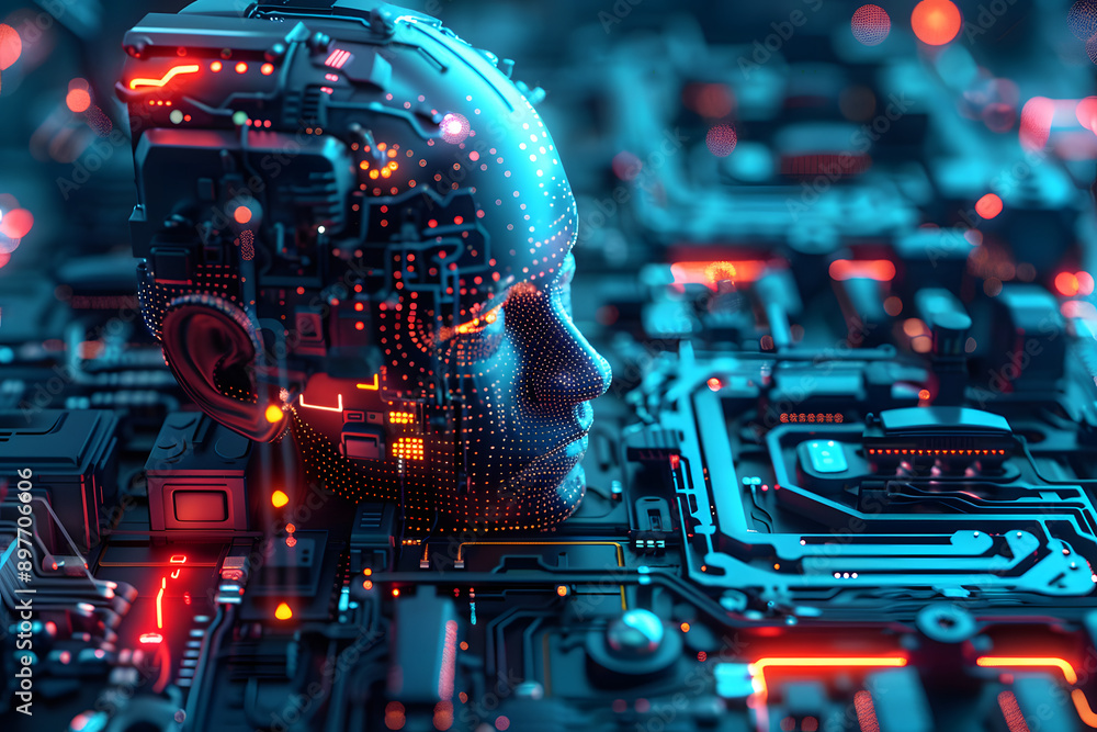 Illustration of a machine learning process featuring artificial intelligence, deep data mining ...