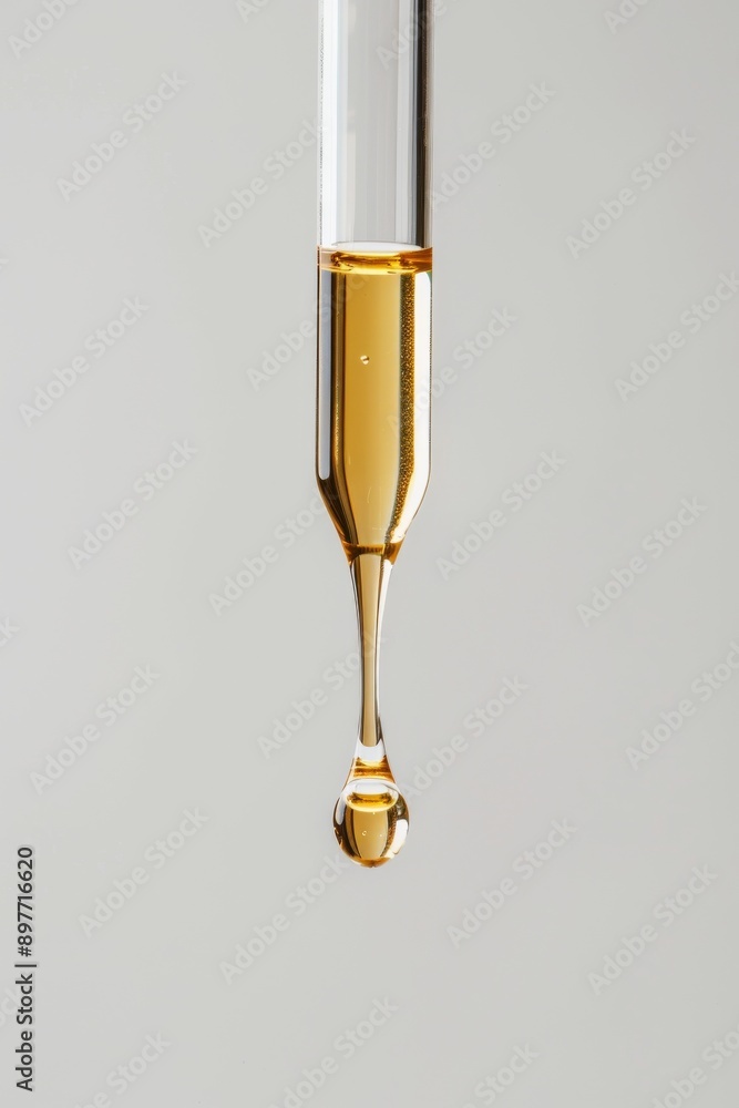 Ultra-sharp photo of retinol, AHA, BHA acid, and collagen serum drop in a pipette, isolated a ...