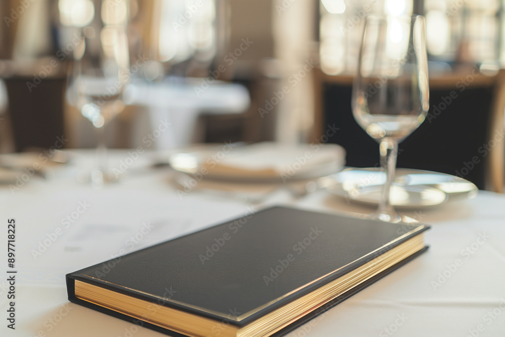 Elegant restaurant menu book cover in black and gold, placed on a table ...