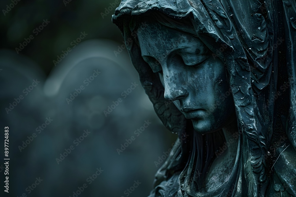 Stone statue in a cemetery surrounded. Sad grieving angel in graveyard ...