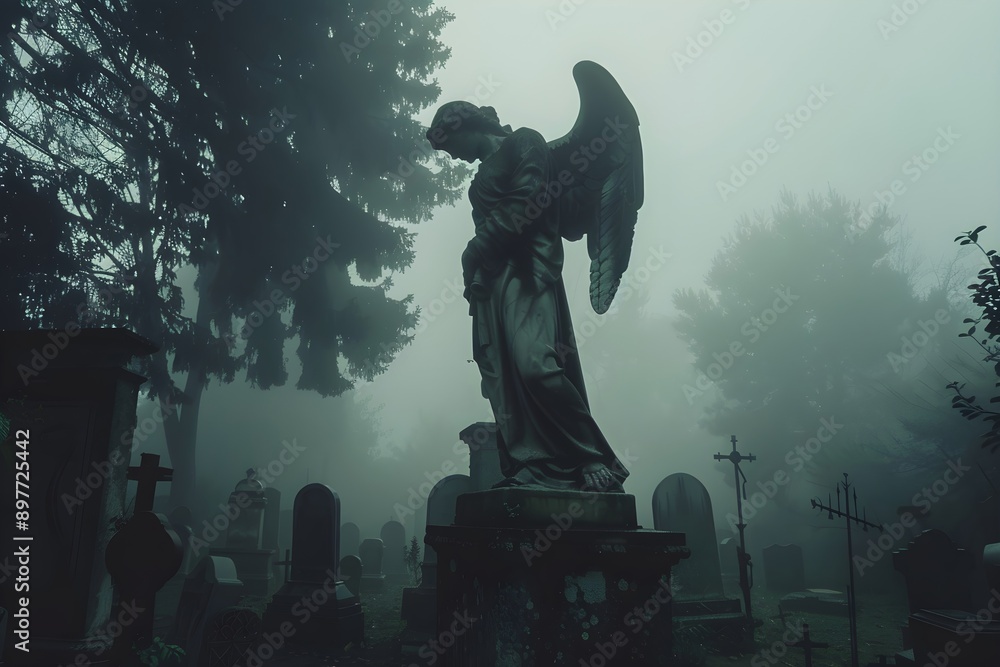 Stone statue in a cemetery surrounded. Sad grieving angel in graveyard ...