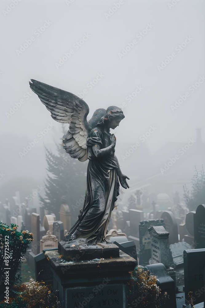 Stone statue in a cemetery surrounded. Sad grieving angel in graveyard ...