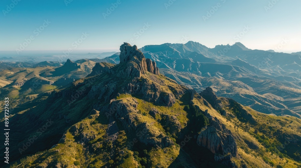 Overhead view of green mountains with rocky terrain under clear blue ...