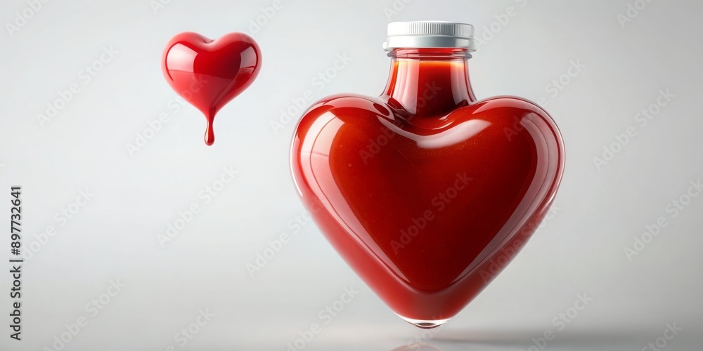 Ketchup heart shape with a single drop falling, condiment, tomato, love ...