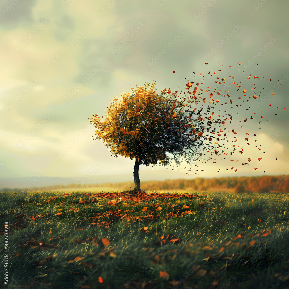 Alone tree standing in a field, the leaves falling off and blowing away ...
