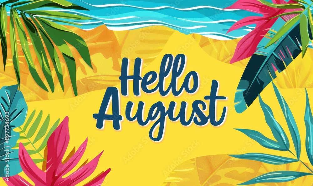 "Hello August" on a yellow background, with a colorful beach and palm ...