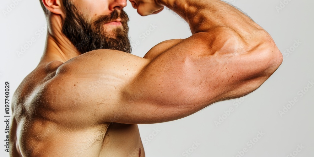 An athletic mixed-race man flexes his biceps to show off his gym-built ...