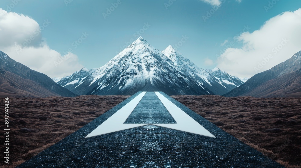 A pathway of arrows diverging towards two destinations: one a mountain ...