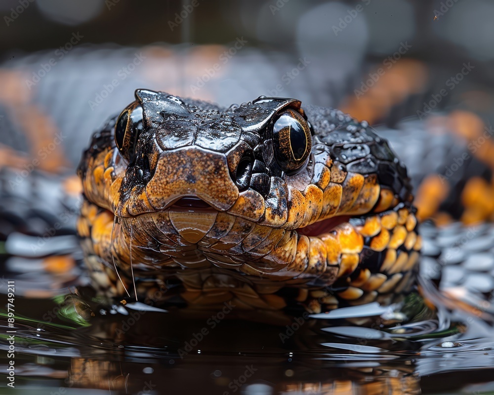 Venomous Water Moccasin Swimming in Swamp with Exposed Fangs Stock ...