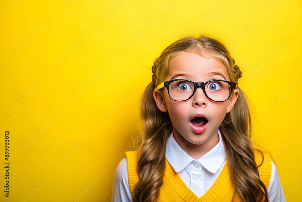 Vibrant yellow background showcases a vacant space where a surprised ...