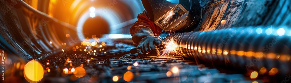 Design an image showing the detailed work of a welder in a mask ...