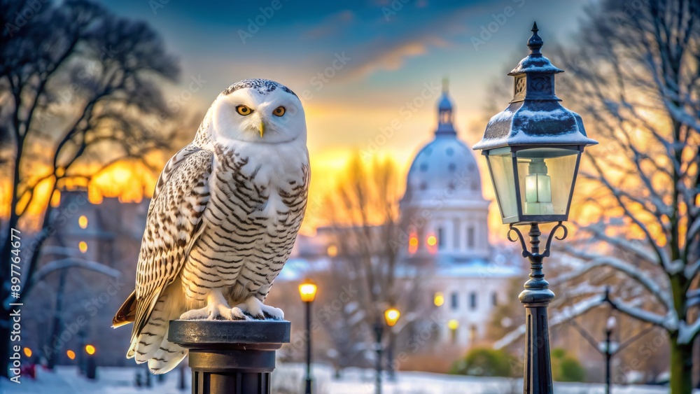 Majestic Snowy Owl perches atop a historic lamp post in a tranquil ...