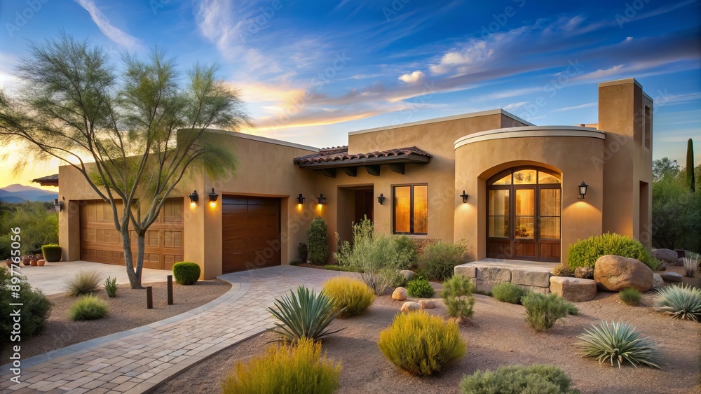 Warm beige stucco exterior with rustic wood accents, curved ...