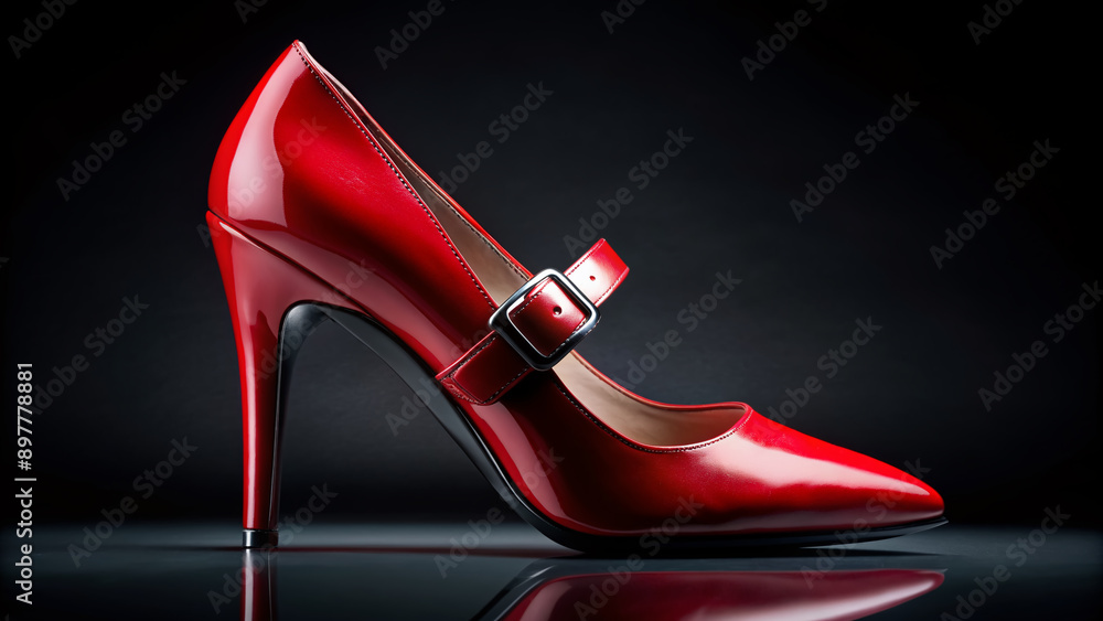 Glamorous red high heel shoe sitting solo on a sleek black background ...