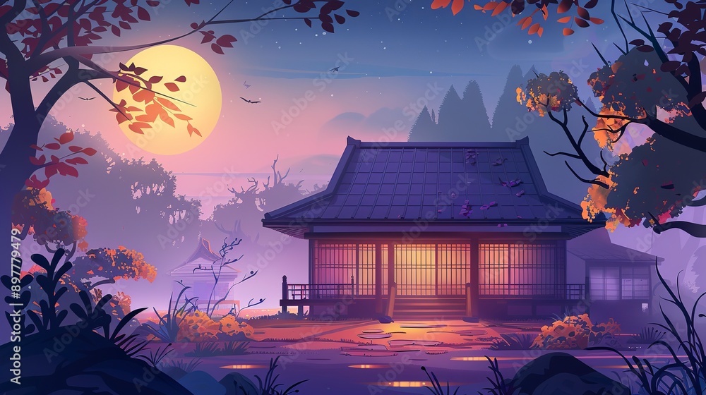 halloween night scene, Traditional Japanese house, showcasing its ...
