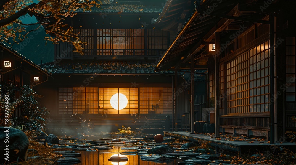 halloween night scene, Traditional Japanese house, showcasing its ...