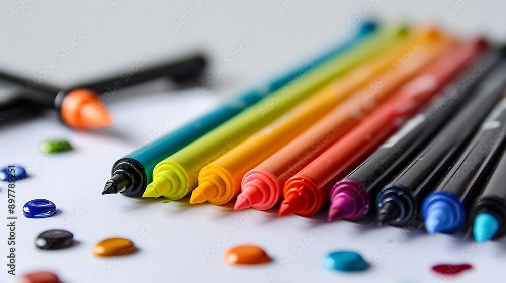 Realistic arrangement of colored markers in a rainbow pattern on a ...