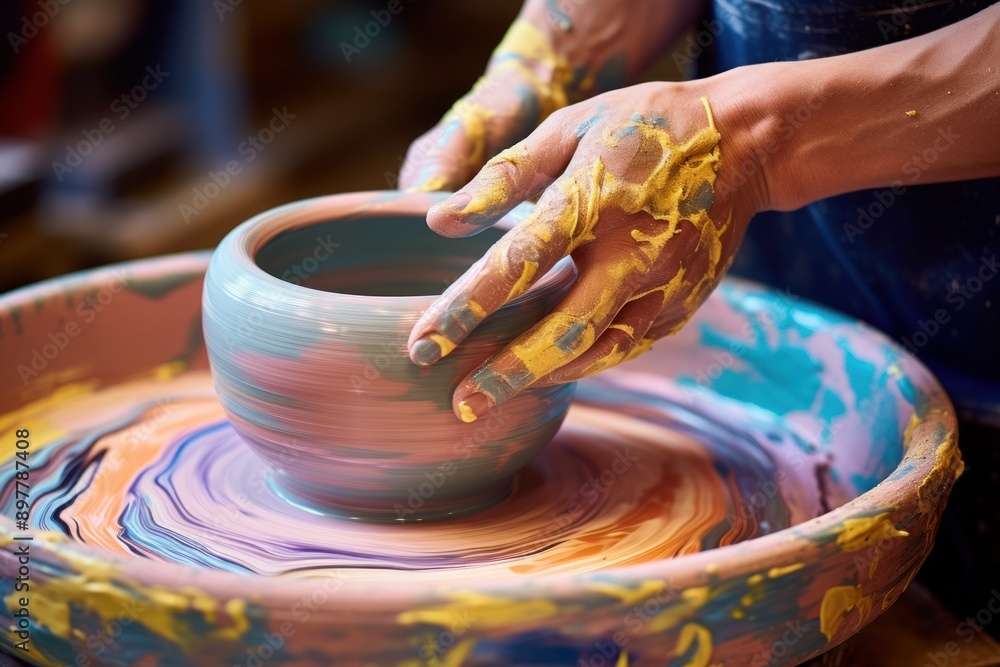 Intimate craft of potter hands molding clay, tactile process of shaping ...