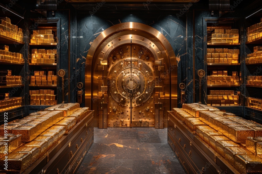 Photograph of a Luxury Bank Vault with Shiny Gold Bars and Golden Door ...