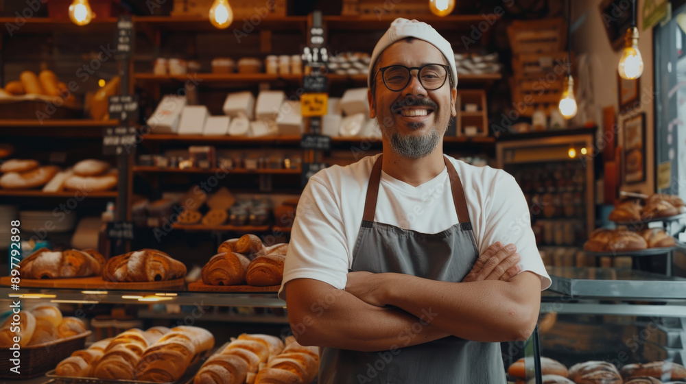 Candid photo of a neighborhood bakery owner with breads and his baked ...