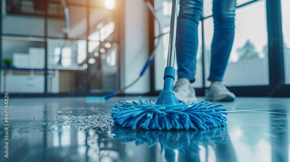 copy space, people Mopping an Office Floor, Mop Close-Up, Cleaner ...