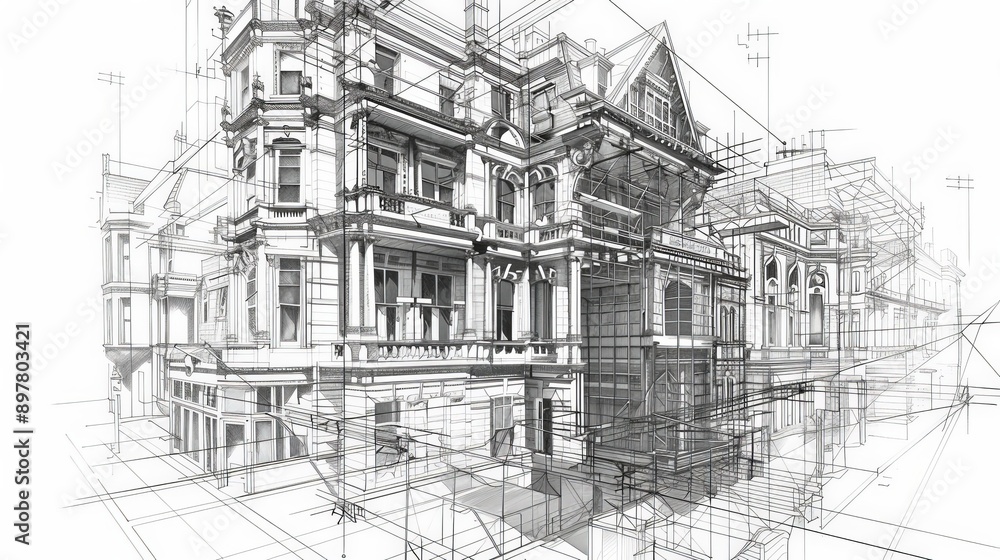 Illustrate an architect drawing a detailed sectional view of a historic ...