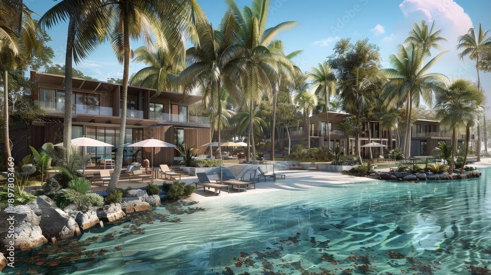 Illustrate an architect planning a luxury resort, emphasizing the ...