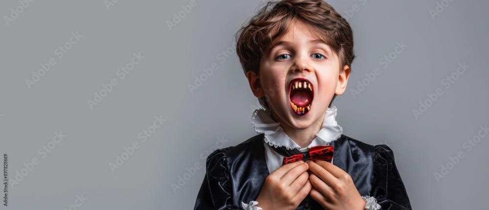 A young boy dressed as a vampire, wearing a black suit with a red bow ...