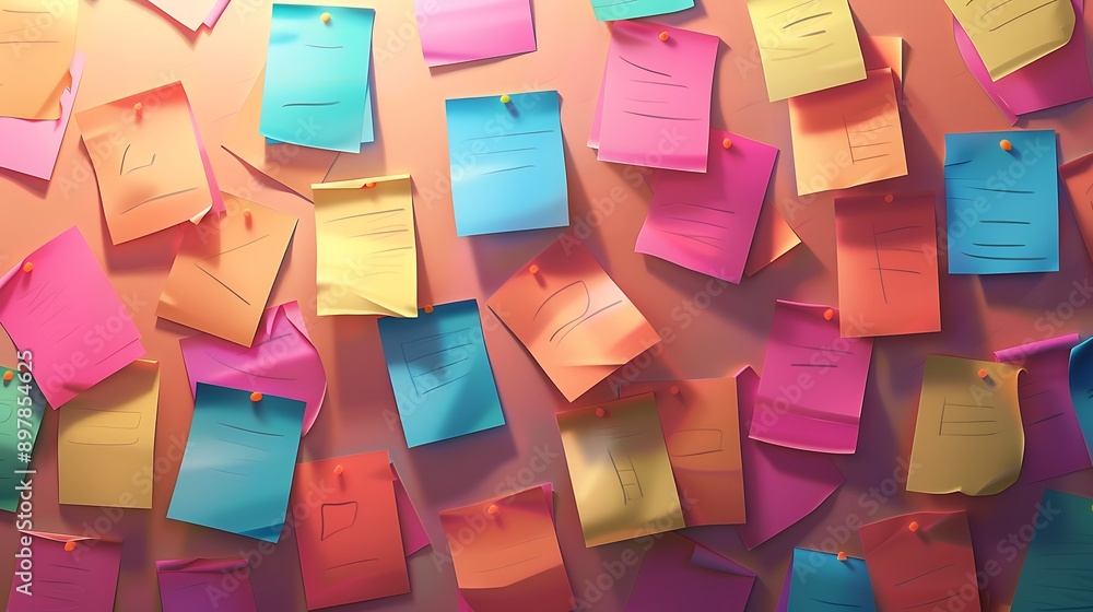 Photorealistic image of a collection of sticky notes in various colors ...