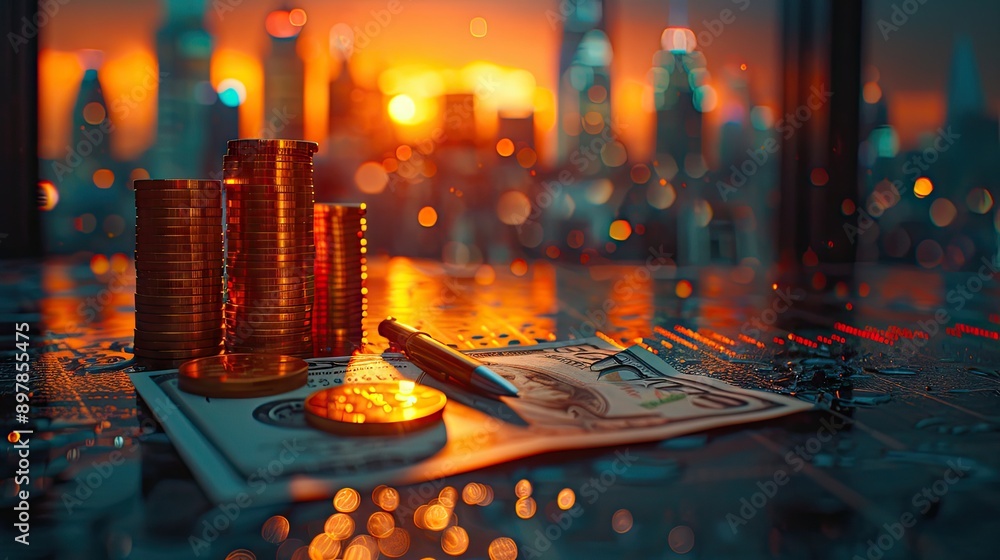Economy and finance background with money coins , pen and stocks market ...