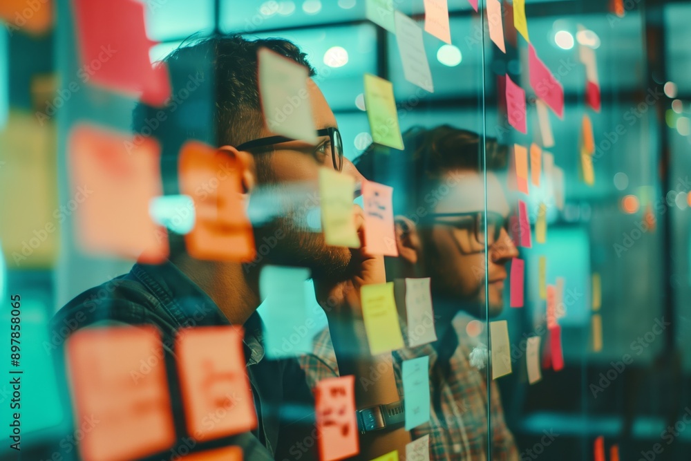 Team members brainstorming and collaborating using colorful sticky ...