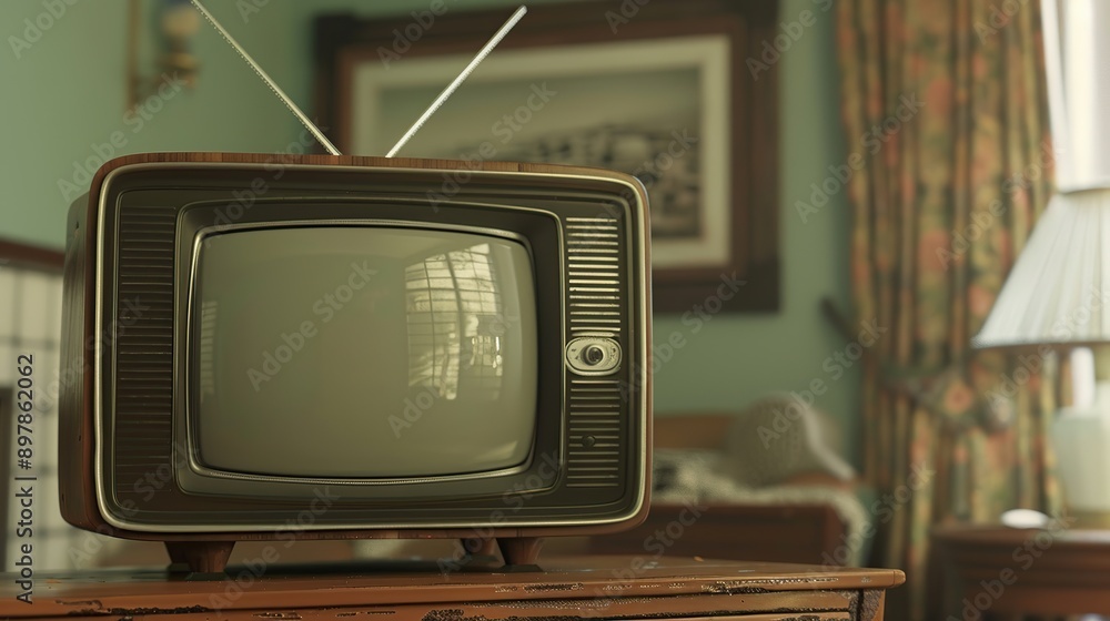 Vintage television set from the 1950s with rabbit ear antennas and ...