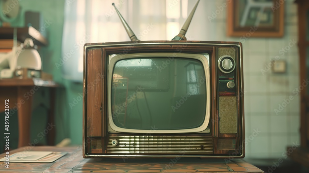 Vintage television set from the 1950s with rabbit ear antennas and ...