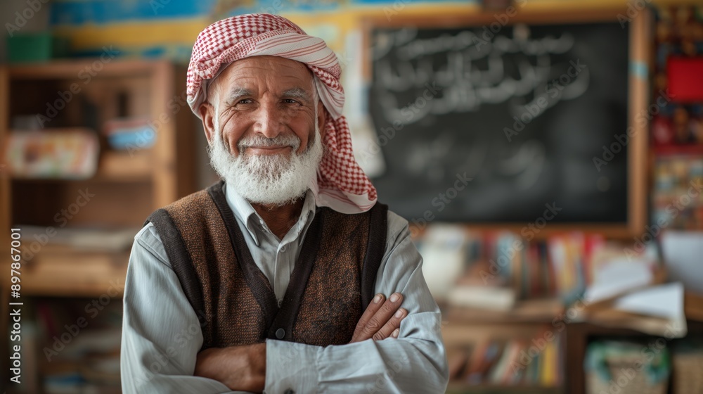 Elderly Arab Male School Teacher Smiling in Classroom, Education ...