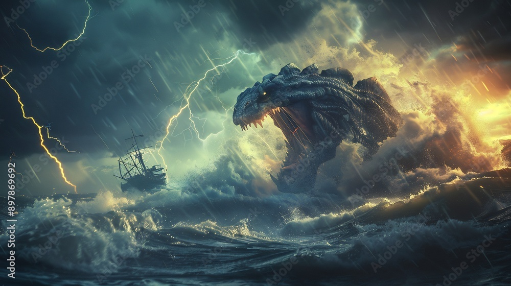 Giant lizard monsters rampage in the rough seas Stock Photo | Adobe Stock