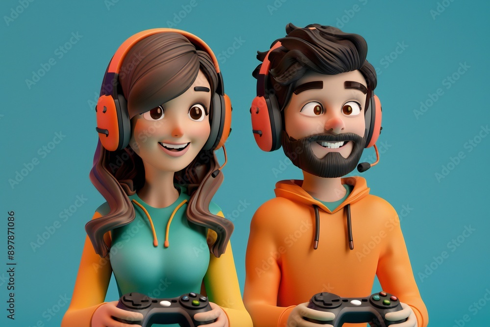 Male and female gamers characters with controllers and headsets ...
