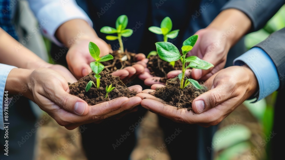 Business hands holding green plants together are the symbol of green ...