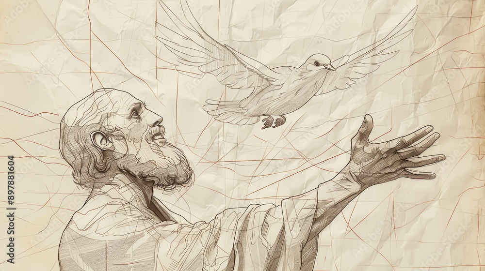 Genesis,The Flood:Minimalist modern sketch of Noah releasing a dove ...