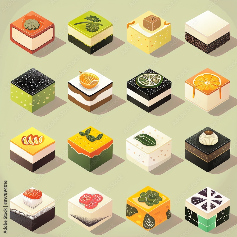Create a vector illustration of a a Uiro (steamed cake) squares with ...