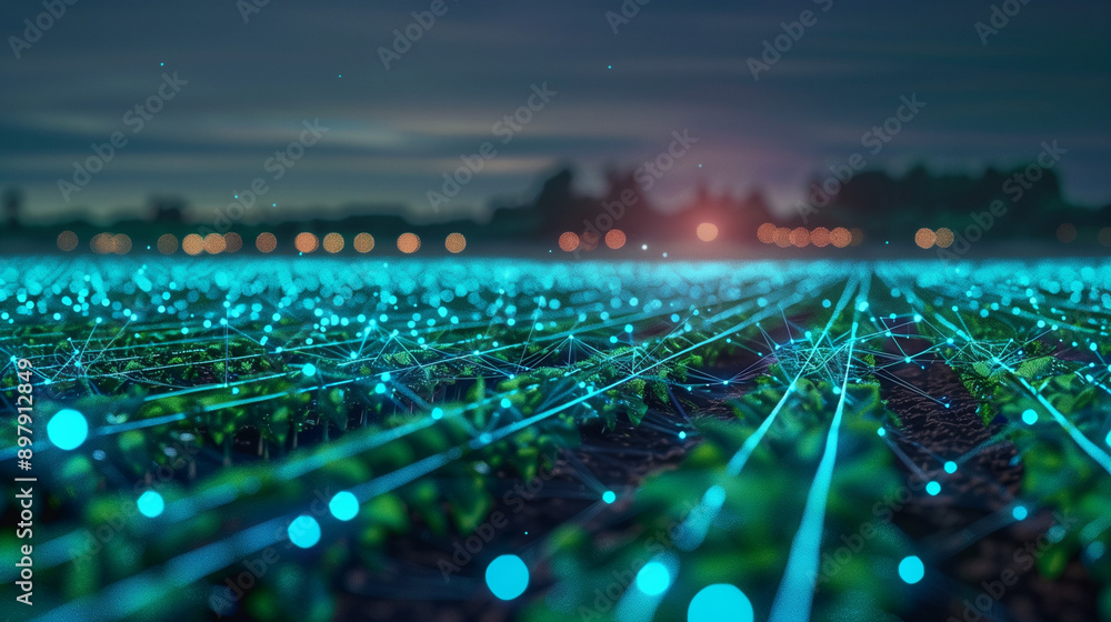 Nighttime view of smart farm with digital grid overlay enhancing crop ...