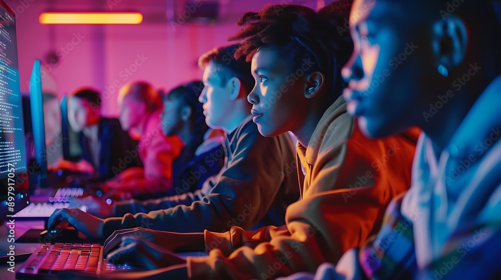 Students engaged in coding and programming in a high school computer ...