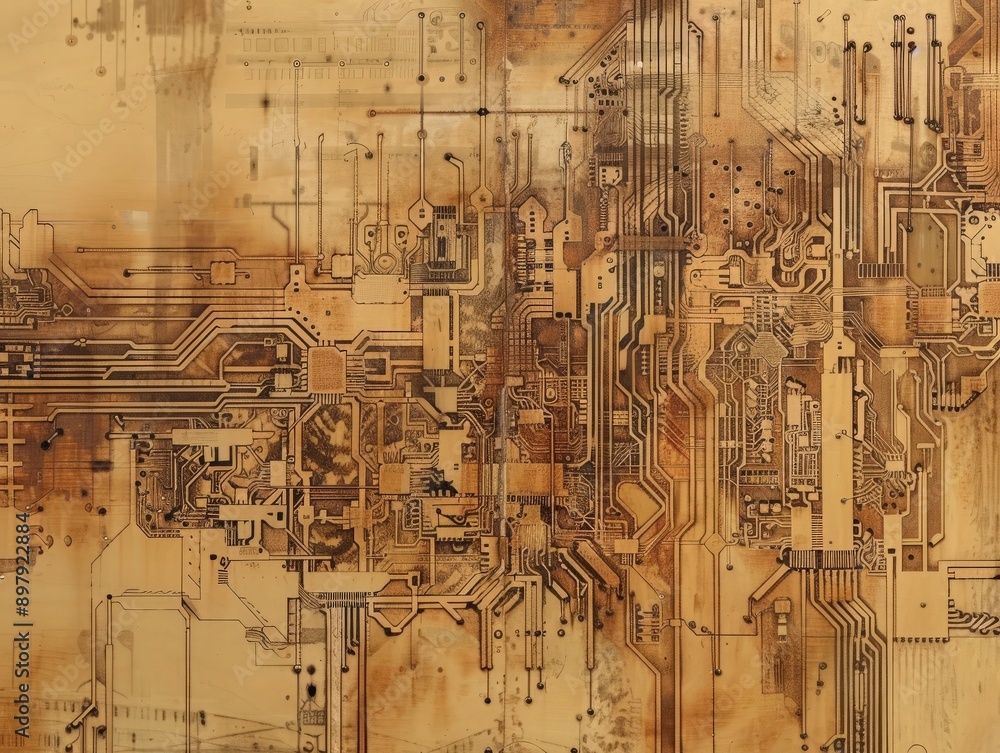 Intricate circuit board design with warm tones, showcasing the beauty ...