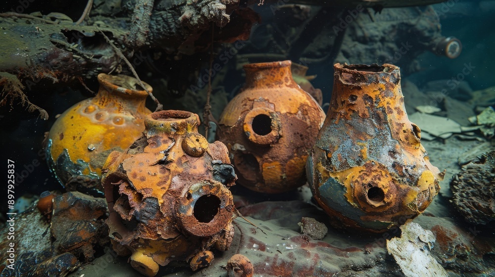 Sunken ancient pots covered in sea life, showcasing the beauty of ...