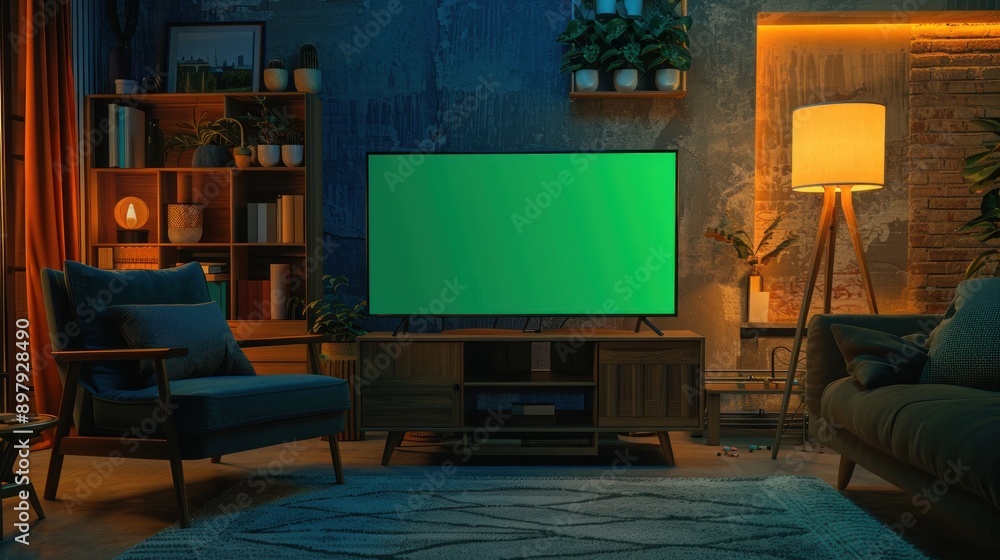Modern house interior with blank green screen led TV mockup template ...