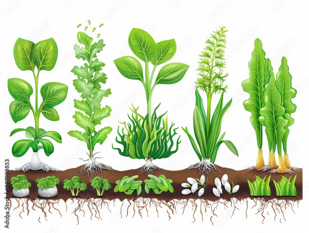 Illustrative diagram of various leafy vegetables and their root systems ...